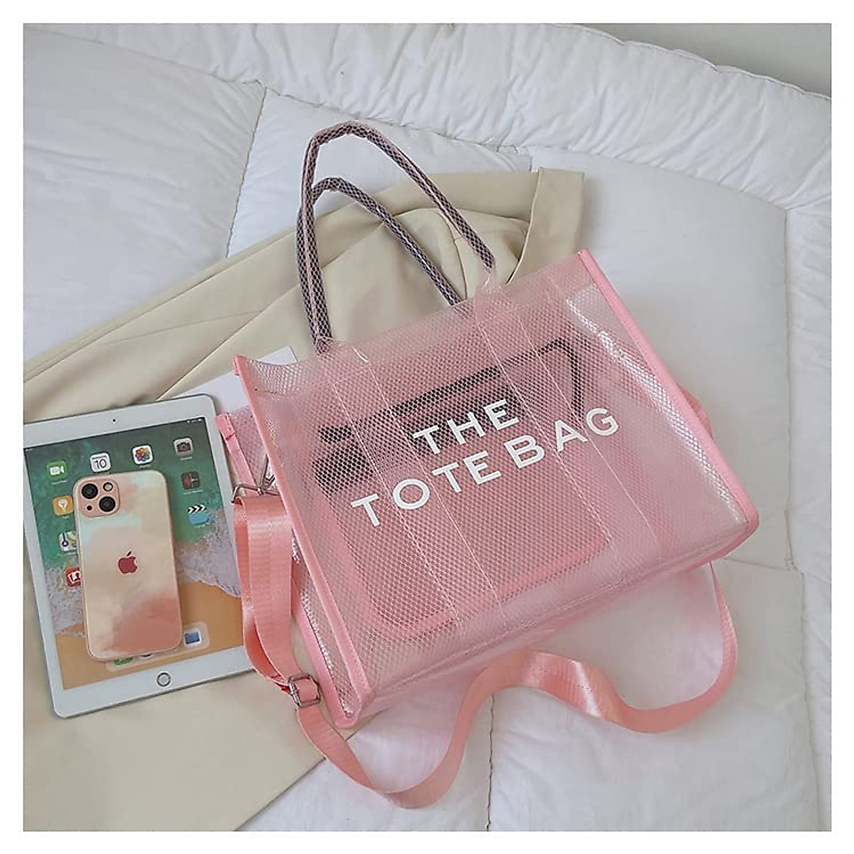 UMRFNO Clear Tote Bags for Women PVC Transparent Mesh Tote Bag With Zipper Fashion Purse Tote Bag Shoulder Handbags (Light Pink)