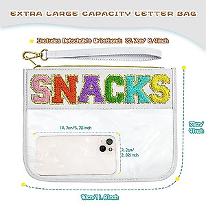 LSxia Chenille Letter Clear Travel Zipper Pouch Nylon Makeup Bag, Preppy Makeup Bag Clear Cosmetic Toiletry Bag, Water-proof Makeup Travel Pouch Snack Bags for Women Girls (White-Snacks)