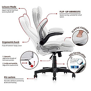 Seatingplus Home Office Chair High Back PU Leather Desk Chair Flip-up Armrests Ergonomic Computer Chair with Lumbar Support, White