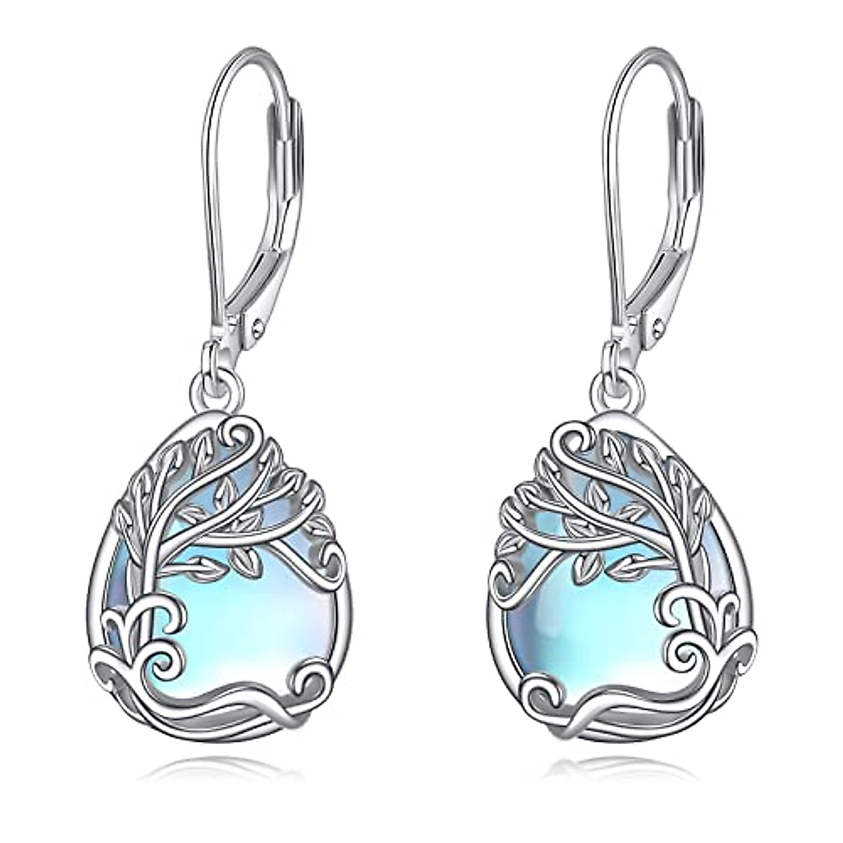 Moonstone Earrings for Women 925 Sterling Silver Tree of Life Drop Dangle Earrings Leverback Teardrop Jewelry Gifts (B-Moonstone Tree of Life)