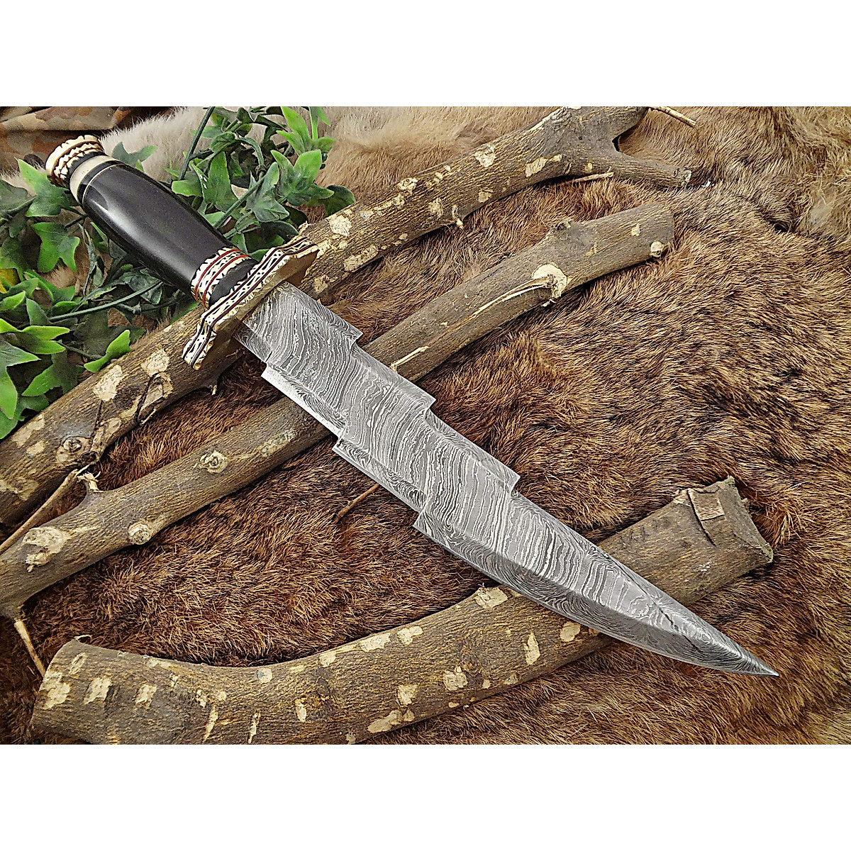 15 Inches long Damascus Steel Hunting Knife, 10" long custom made Hand Forged Damascus steel zig zag blade, Bull horn with engraved brass scale and finger guard, Cow hide Leather Sheath with belt loop