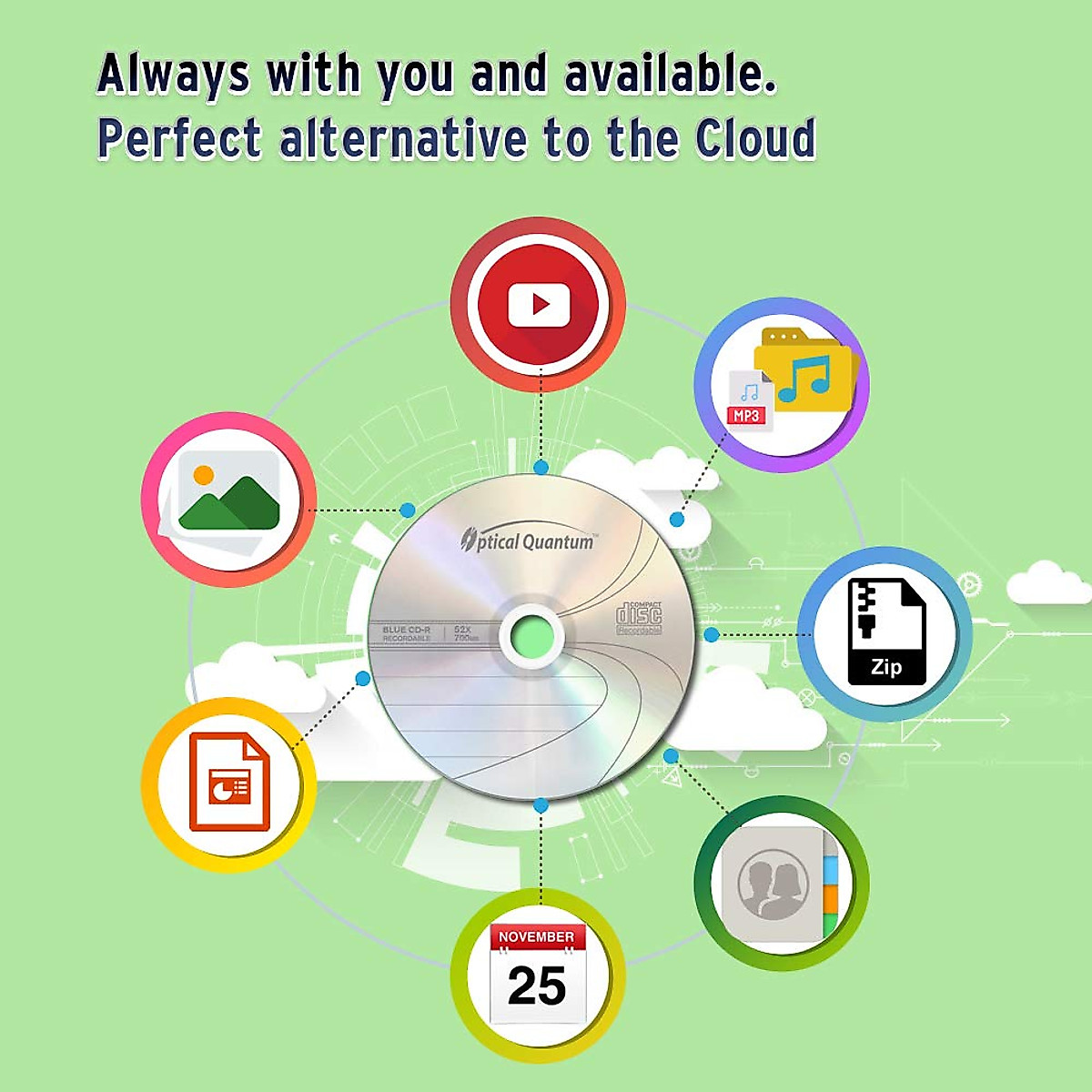 Optical Quantum Blue AZO CD-R 700MB 52X Recordable Media Disc for Data and Music 100pk Spindle Frustration Free Box