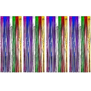 Sumind 4 Pack Foil Curtains Metallic Fringe Curtains Shimmer Curtain for Birthday Wedding Party Christmas Decorations (Rainbow)