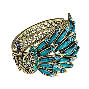 Alilang Womens Antique Golden Tone Peacock Bracelet Bangle With Turquoise Blue Gems, Blue