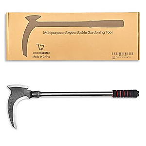 Scythe Garden Tool for Mowing Grass - 21-inch Anti-Slip Long Handle Weeding Scythe Sickle Garden Tool with Dual Scythe Blade and a Leather Sheath and a Small Sharpening Stone