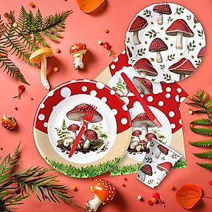 APOWBLS Mushroom Birthday Decorations Party Tableware - Mushroom Baby Shower Decorations And Supplies, Paper Plate, Cup, Napkin, Disposable Fork, Mushroom Party Decorations Dinnerware | Serve 24