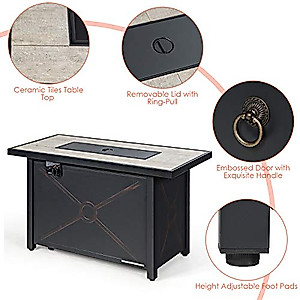 Giantex Gas Fire Pit Table w/Ceramic Tabletop, 42 Inch 60,000 BTU Rectangular Propane Fire Pit Table, Outdoor Electronic Ignition Propane Heater w/Table Cover, Waterproof Cover, Lava Rock