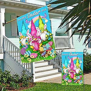 Q-Leo Easter Flag, Set 2 House Flag 28 X 40 And Garden Flag 12 x 18 Double Side, Small Garden Flags Decorations For Outside, Yard Outdoor Decor With 3 Gnones and Happy Easter day Signs