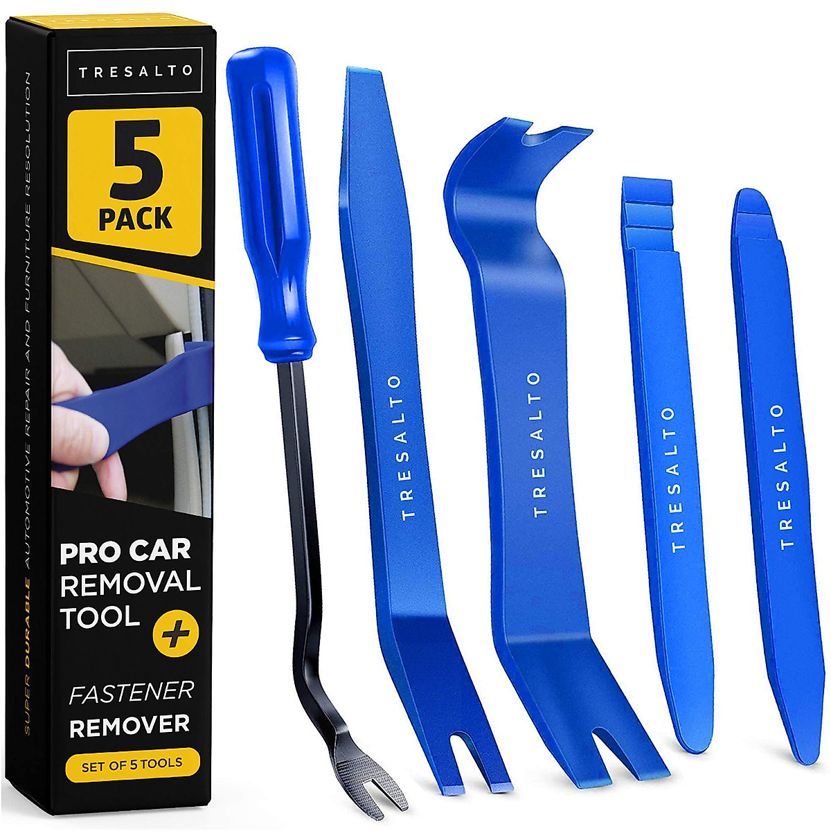 Tresalto Auto Trim Removal Tool Kit - 5pcs (No Scratch Plastic Pry Kit), Door Panel Removal Tool, Car Clips, Push Rivets, Molding, Dashboards, Interior Trim Tools, Blue