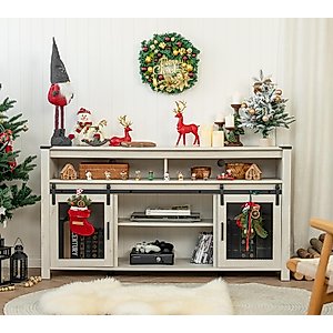 WAMPAT TV Stand for 65+ Inch TV, Farmhouse 32" Tall Highboy Entertainment Center w/Sliding Mesh Doors, Rustic Media Console w/Storage Shelf, Wood Television Stand for Living Room, Antique White