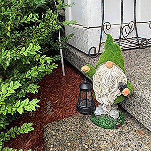 LNPNRENG Solar Garden Statue of Gnome Figurine with Lantern - Outdoor Lawn Decor Flocked for Patio, Balcony, Yard, Ornament Unique Housewarming Gift Lovers(11.8 Inch)
