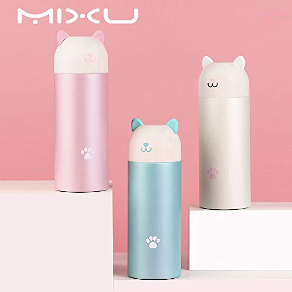 MIXU Catto Cat Shape Smart Thermos Bottle with Temperature Display, 304 Stainless Steel Food Grade Insulation Vacuum Flask, Leak-proof Anti Slip 10-Ounce Portable for Children, Girls, School, White
