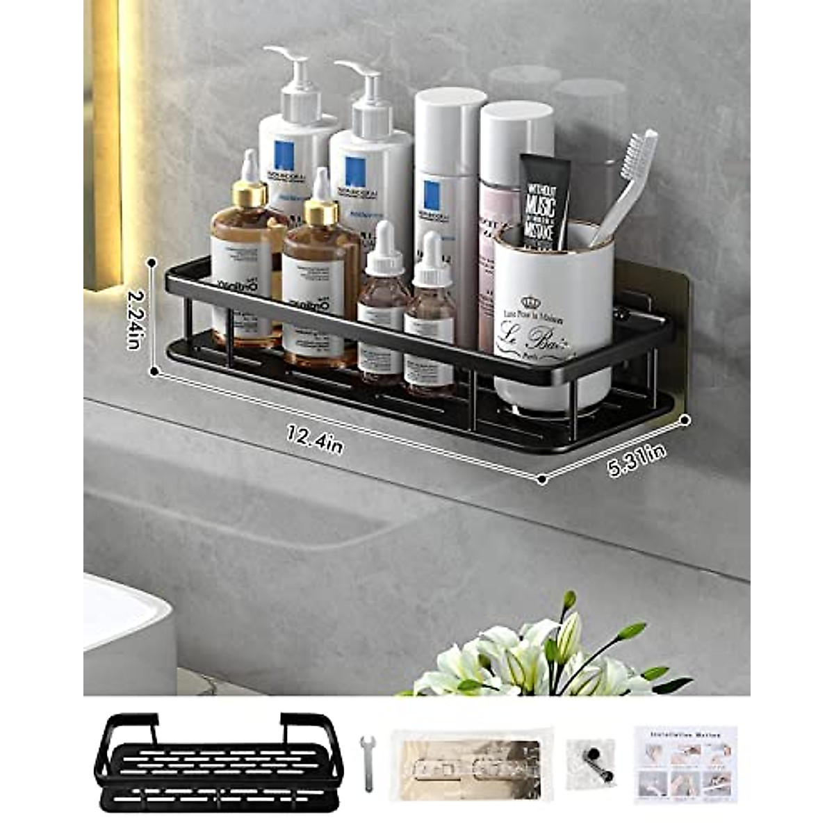 Amythe Shower Caddy Shelf Organizer,Shelves for Bathroom Organizer Wall Shower Shelf for Inside Shower, Bathroom Kitchen Self Adhesive No Drilling Rustproof, Black