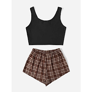 WDIRARA Women's 2 Piece Crop Tank Top and Plaid Drawstring Waist Shorts Pj Set Black and Red M