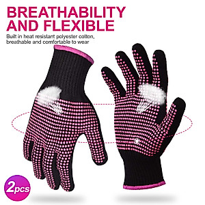 Sopito 2Pcs Heat Resistant Gloves with Silicone Bumps, Professional Heat Gloves for Hair Styling, Heat Proof Glove Mitts Heat Protection Gloves for Curling Iron Wand Flat Iron Sublimation, Rose Red