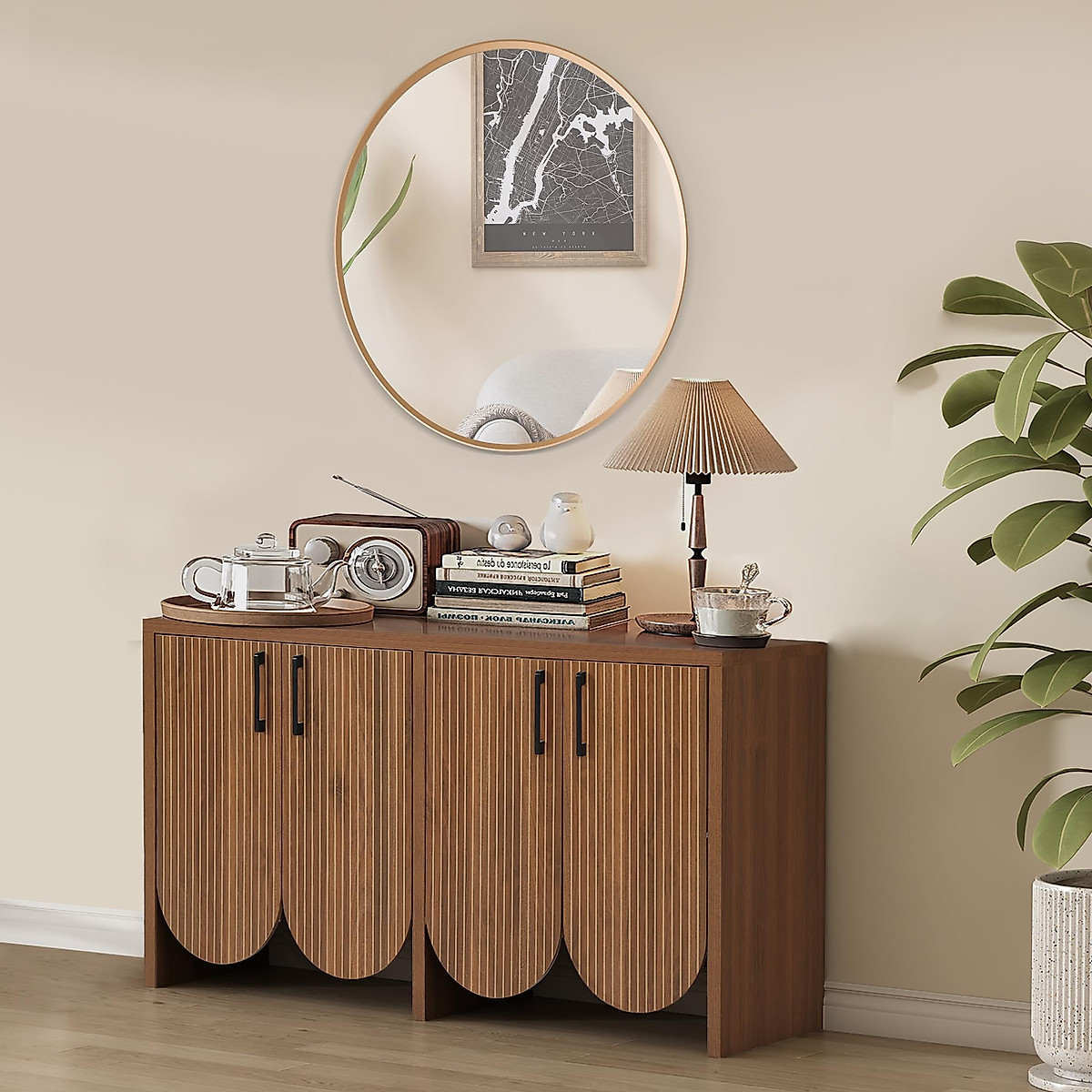 Fluted Buffet Sideboard Cabinet with Storage,Scandinavian 57.9” Storage Cabinet with Adjustable Shelves,Carved Arc Door Design Accent Buffet Cabinet for Living Room Dining Room (Walnut, 4 Door)