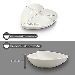 Keponbee Big Heart Shaped Bowls 2pcs Porcelain White Heart-shaped Dish for Desserts/Salad/Fruit/Pasta or Romantic Dinner, 9Inch