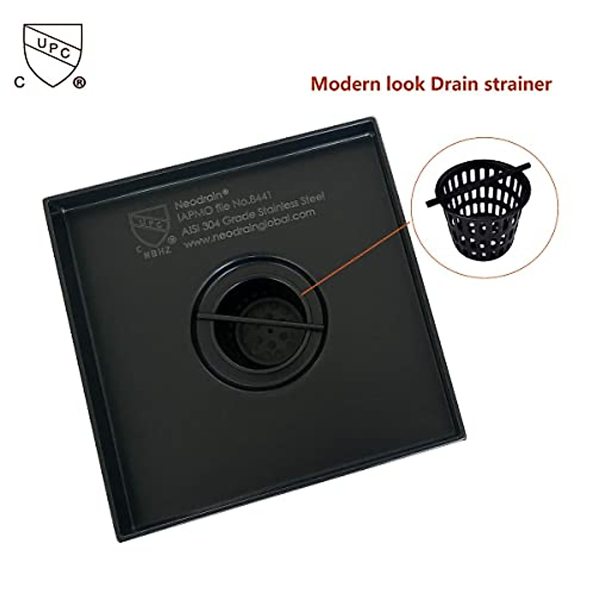 Neodrain 6-Inch Square Shower Drain with Removable Quadrato Pattern Grate,Brushed 304 Stainless Steel, with Watermark&CUPC Certified,Black