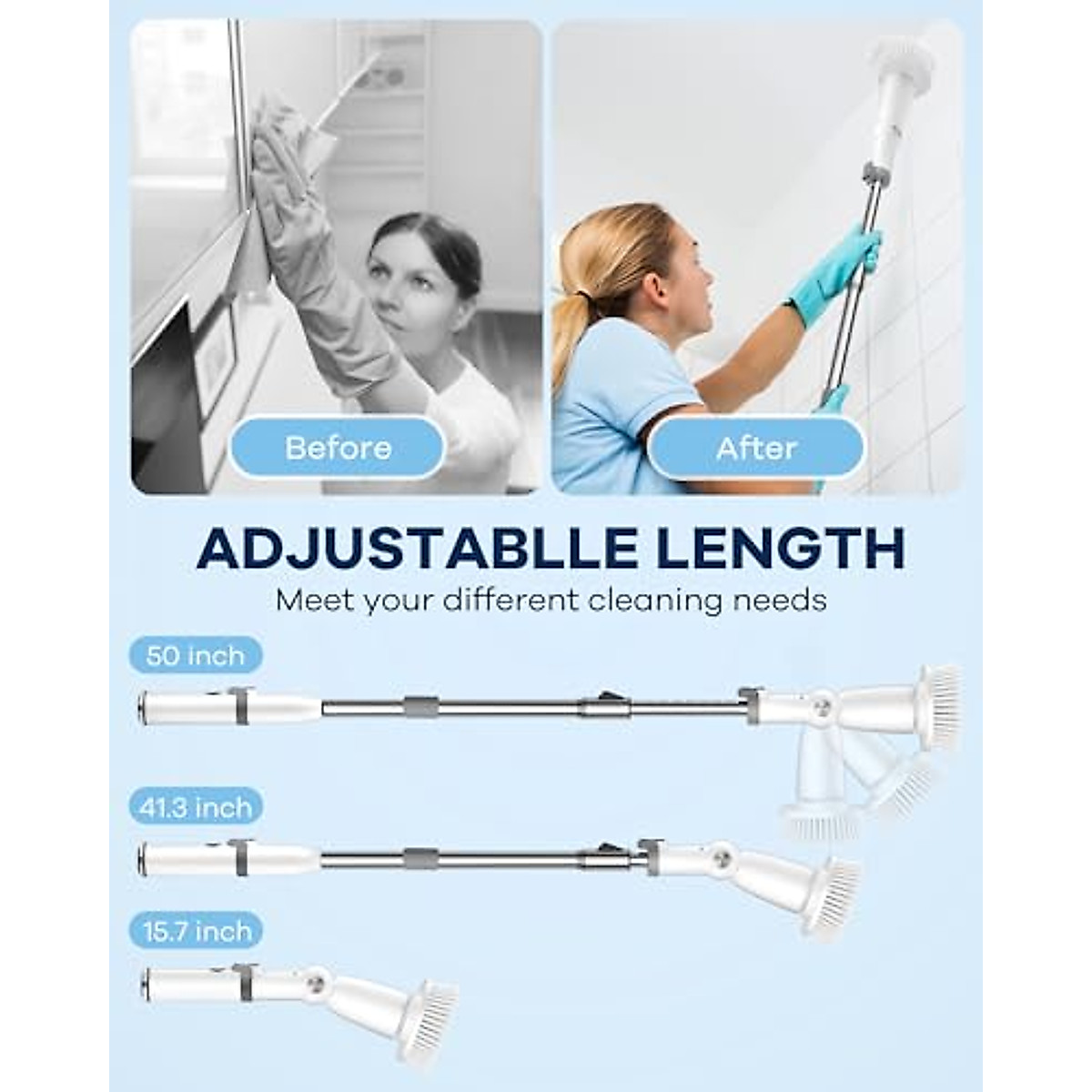 MABOGU Electric Spin Scrubber, Cordless Shower Scrubber with 8 Replaceable Brush Heads, Bathroom Scrubber Electric Dual Speeds, Shower Cleaning Brush with Extension Arm for Tub Tile Floor(Grey&White)