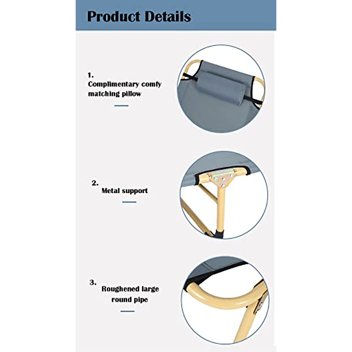 YourGrace Outdoor Folding Chaise Lounge Chair, Lightweight Camping Reclining Chair with Pillow, Cot, Adjustable Sunbathing Recliner for Patio, Beach, Deck, Tanning, L67.72 W21.65 H10.63