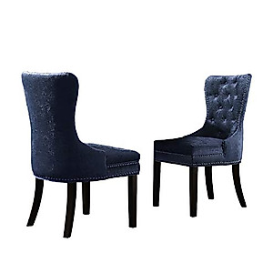 Iconic Home Diana Dining Side Accent Chair Button Tufted Velvet Upholstery Nail Head Trim Tapered Espresso Wood Legs, Modern Transitional, Set of 2, Blue