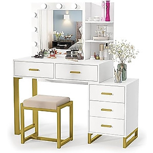 Hsozptry Makeup Vanity Desk with Mirror and Lights,Makeup Vanity Table Set with 5 Drawers,Cushioned Stool and Lightings, 45.51 inch Dressing Table for Bedroom Women Girls