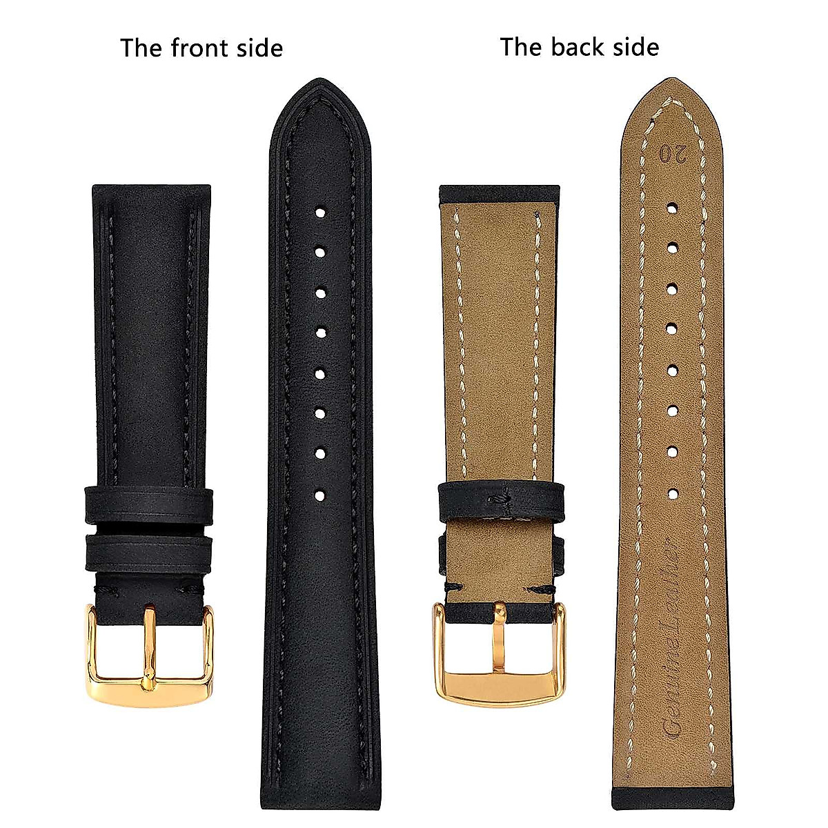 BISONSTRAP Vintage Watch Straps with Gold Buckle, Leather Replacement Band 18mm (Black)