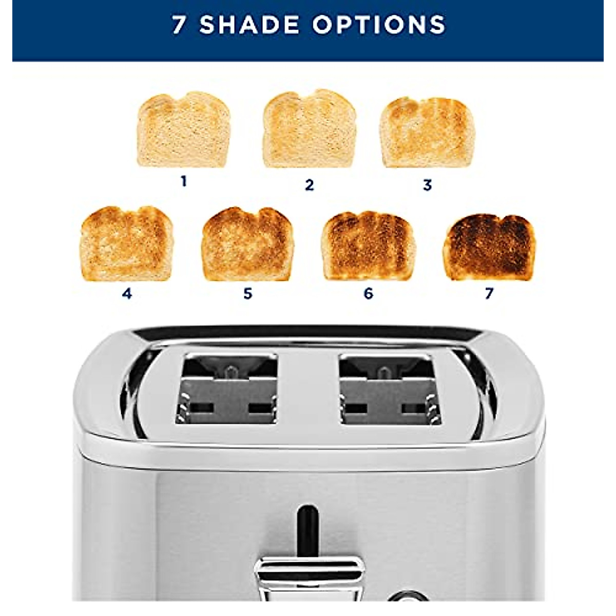 GE Stainless Steel Toaster | 2 Slice | Extra Wide Slots for Toasting Bagels, Breads, Waffles & More | 7 Shade Options for the Entire Household to Enjoy | Countertop Kitchen Essentials | 850 Watts