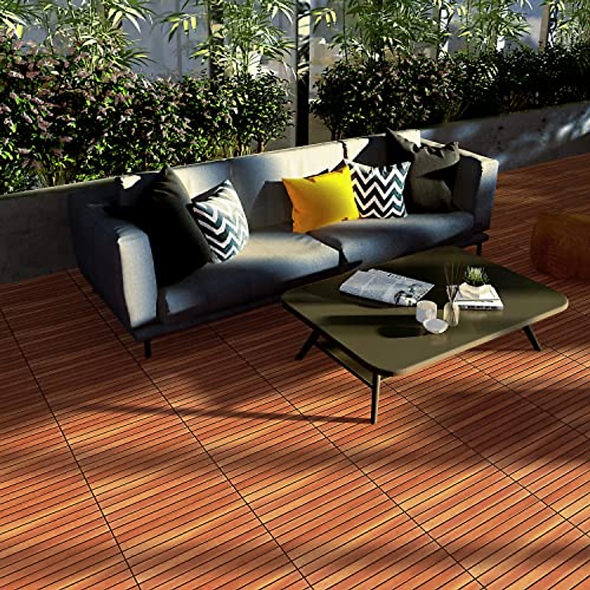 Wood Interlocking Flooring Tiles (Pack of 10, 12" x 12"), Solid Wood Acacia Deck Tiles Interlocking, Patio Tiles Outdoor Interlocking Waterproof All Weather (9 Slat, Dark Brown Color)