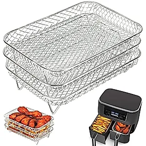 BYKITCHEN Air Fryer Rack for Ninja Dual Air Fryer, 3pcs Stackable Stainless Steel Dehydrator Rack, Rectangle Air Fryer Racks Compatible with Double Air Fryer, Ninja Dual Air Fryer Accessories