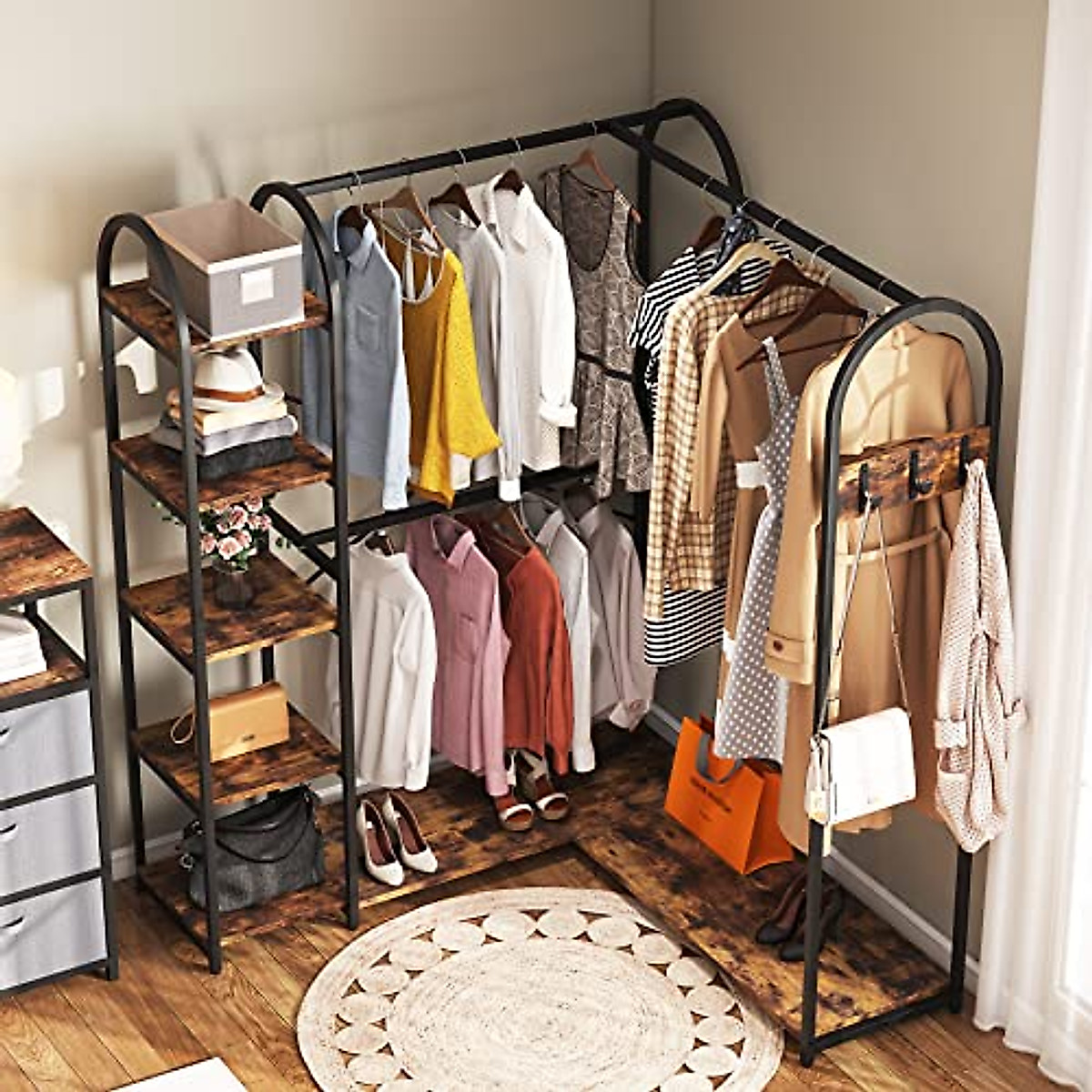 Tribesigns L Shape Clothes Rack, Corner Garment Rack with Storage Shelves and Hanging Rods, Space-Saving Large Open Wardrobe Closet for Bedroom
