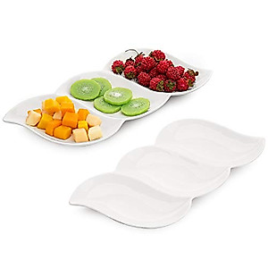 MyGift Set of 2 White Ceramic Relish Tray Appetizer Serving Platter with Wave Design, Divided Snack Tray, Charcuterie, Food, Dessert Platters, 13.5 x 6.5 Inch