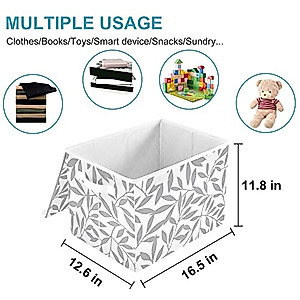 CaTaKu Leaf Grey Storage Bins with Lids and Handles, Fabric Large Storage Container Cube Basket with Lid Decorative Storage Boxes for Organizing Clothes