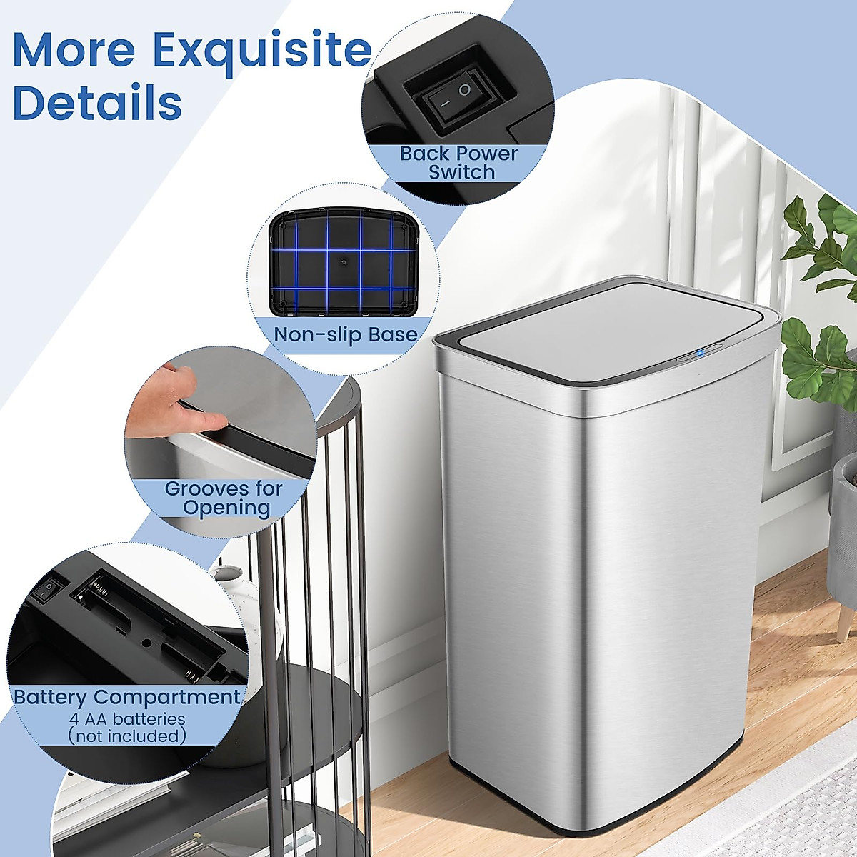 S AFSTAR Automatic Trash Can, 13 Gallons Stainless Steel Garbage Can Trash Bin with Quick & Soft Close Lid, Deodorizer Compartment, Touchless Motion Sensor Trash Can for Kitchen Bathroom Office