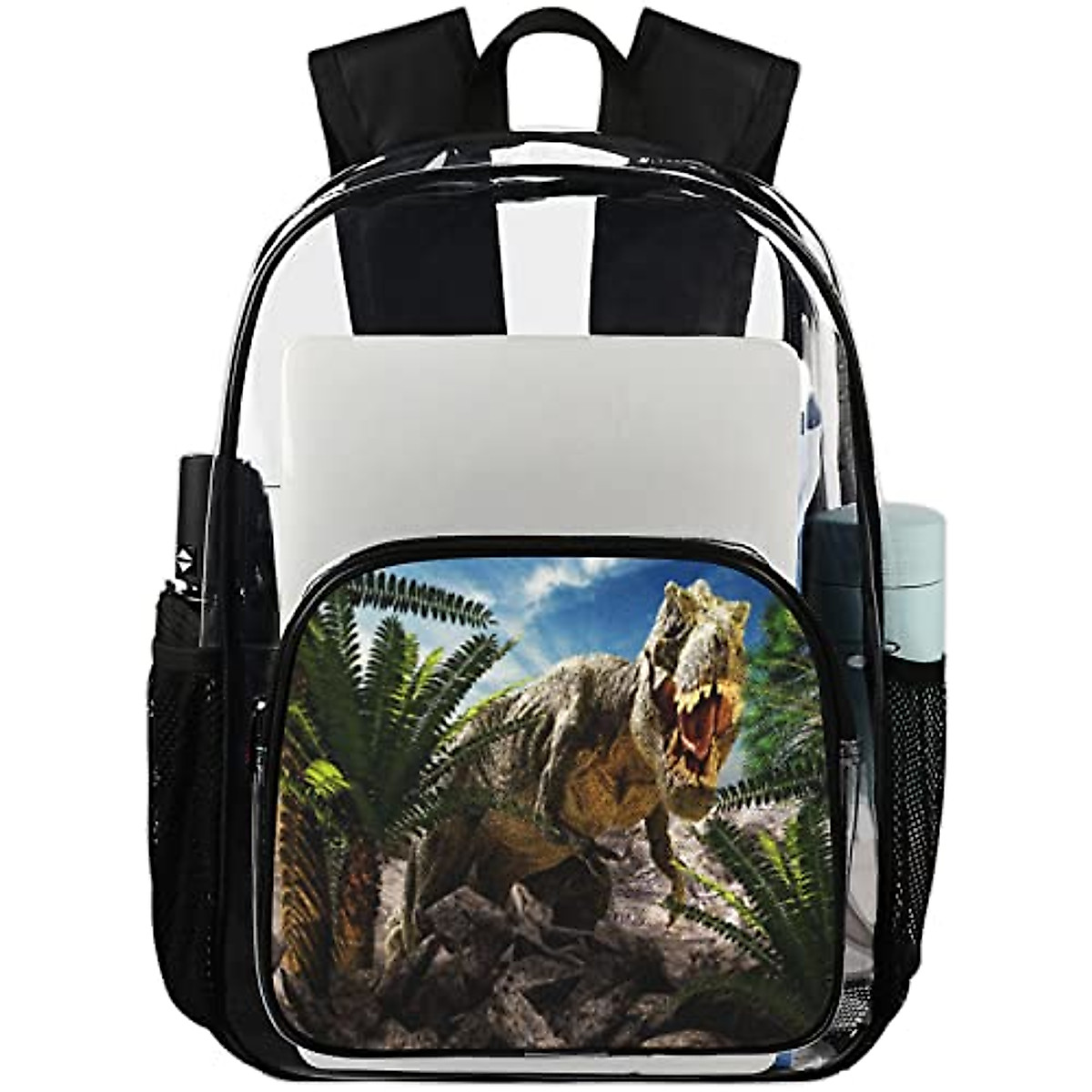 Dinosaur Pattern Clear Backpack, Dinosaur Tropical Plant Heavy Duty Transparent Clear Bag Computer Daypack for School, Security, Work, Sports, Stadium, Travel, College