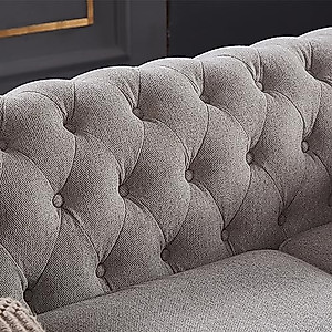 ERYE 88.5" 3-Seaters Chesterfield Sofa&Couch, Clasic Luxury Roller Armrest Special Wood Legs Sectional,Button Tufted Linen Upholstered Modular Sofa Couch with Removable Cushions & Nailhead Decor