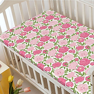 Peony Themed Fitted Crib Sheet,Standard Crib Mattress Fitted Sheet Soft and Breathable Bed Sheets-Baby Sheet for Boys Girls,28“ x52“,Pale Pink Lime Green Dried Rose Olive Green