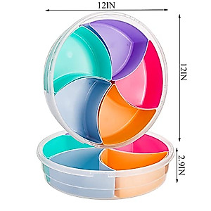 Cedilis 2 Pack Snack Serving Tray with Lid, 12inch Fruit Serving Container, 5 Colorful Compartment Round Appetizer Tray, Divided Plastic Food Storage Organizer Plate for Snack, Candy, Nut, Picnic