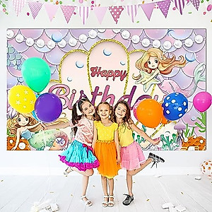 Mermaid Theme Happy Birthday Decorations Backdrop, Mermaid Birthday Backdrop Sign, Happy Birthday Banner, Photo Background for Girls, Birthday Party Supplies 70.8 x 43.3 inches