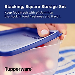 Tupperware Stacking Square Storage Set - Dishwasher Safe & BPA Free - (6 Clear Containers + 6 Blue Lids)