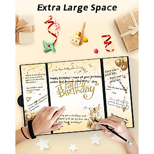Pusunas Birthday Decorations, Happy Birthday Gifts for Men Women Him Her, 18" X 12" Large Creative Signature Guest Book Signing Birthday Card Board, Black Gold Anniversary Party Decorations