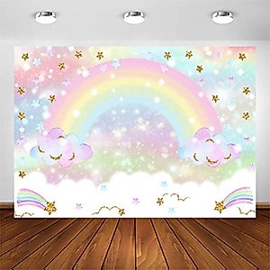 Avezano Rainbow Backdrop for Girls Birthday Party 7x5ft Glitter Star Rainbow Sky Cloud Photography Background Pastel Rainbow Party Decorations Photoshoot Backdrops