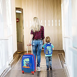Olakids Kids Luggage Set, 12’’ Travel Backpack and 18’’ Carry on Suitcase with Rolling Spinner Wheels for Children Boys Girls, 2 Pcs Trolley Case Gift for Toddlers (Blue Dinosaur)