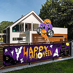 Extra Large Happy Halloween Banner Halloween Party Sign Banner Decorations Halloween Party Balloons Halloween Ghost Yard Sign Decoration Backdrop Photography Backdrop for Halloween Party(118” x 24”)