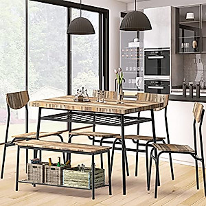 STHOUYN 6 Piece Dinning Table Set for 6, Rectangular Kitchen Table and Chairs Set, Bench, Industrial Metal Frame & Storage Rack, Dining Room, Dinette, Breakfast Nook Small Space (Brown (6 Piece))