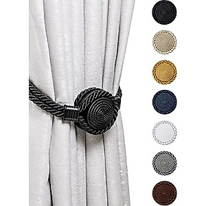 Magnetic Curtain Tiebacks - Modern Unique Upgraded Design 2023 Elegant Twisted Polyester Rope with Strong Magnets Decorative Holdbacks for Window Drapes & Curtains ORXFULY (Black, 2) (ck-041)