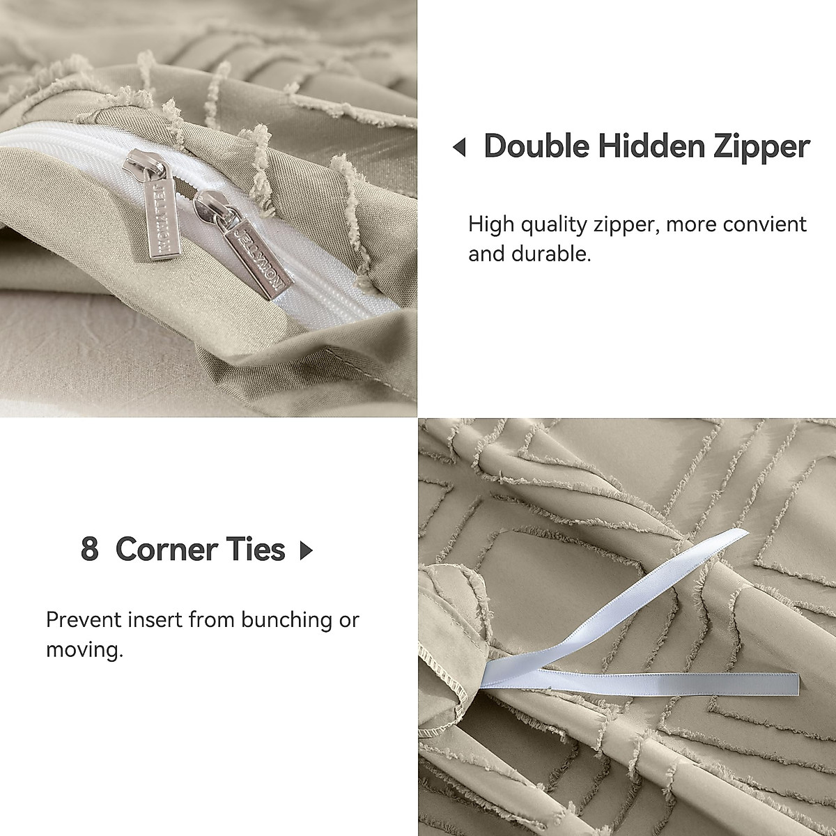 JELLYMONI Khaki Duvet Cover Full Size - 3 PCS Microfiber Tufted Duvet Cover Set, Boho Textured Duvet Cover Jacquard Rhombus Geometric Pattern Duvet Cover with Corner Ties & Zipper Closure