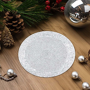 COTTON CRAFT Glitz Handmade Beaded Bar Drink Tabletop Protection Coasters - Set of 8 - Halloween Harvest Autumn Fall Thanksgiving Holiday Christmas Xmas Celebration Festive Party - 4 in Round - Silver