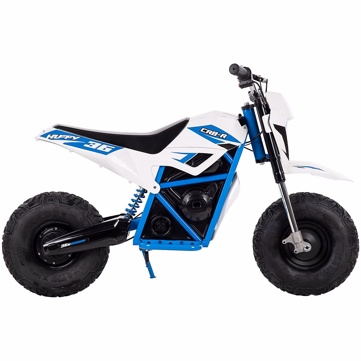 Huffy CR8-R Electric Mini Bike for Teens, 19MPH Max Throttle Speed, Full Suspension, 350W Motor and 36V Battery, Ages 14+, Max Weight 130lbs., Kickstand Included, Blue Racing Graphics
