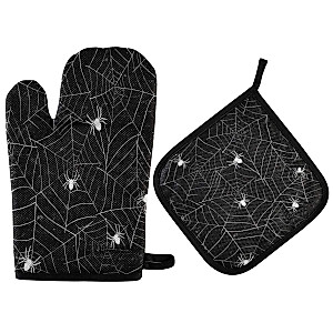 ALAZA Halloween Black and White Grunge Background with Spiderwebs Oven Mitts and Pot Holders Sets Heat Resistant Kitchen Oven Gloves Potholder for Cooking Baking Grill